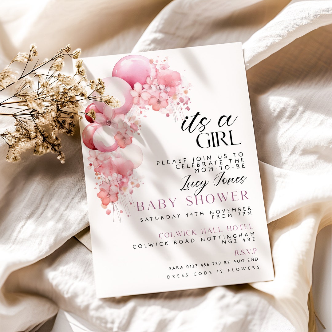 Its a Girl Pink Baby Shower Invitation Balloons Flowers EDITABLE ...