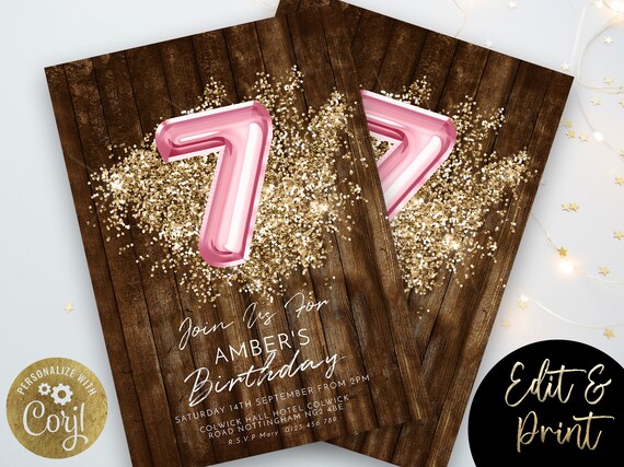7th Birthday Party Invitation Template, Rustic Pink Balloon Gold ...