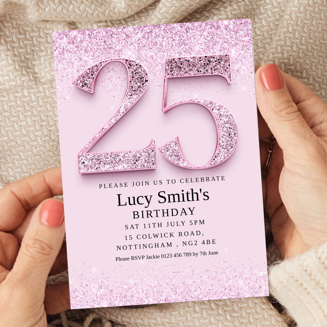 Pink Glitter 25th Birthday Invitation – Elegant Stylish Party Invite ...