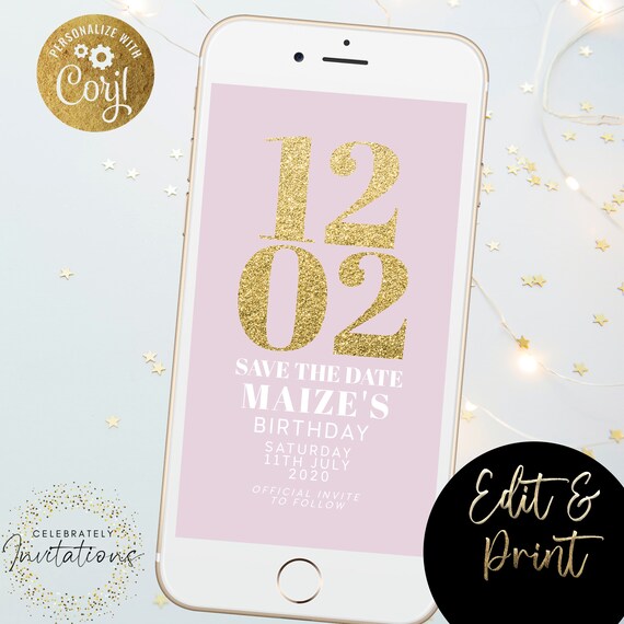Save The Date Mobile Birthday Invitation Editable Pink Date Reminder ...