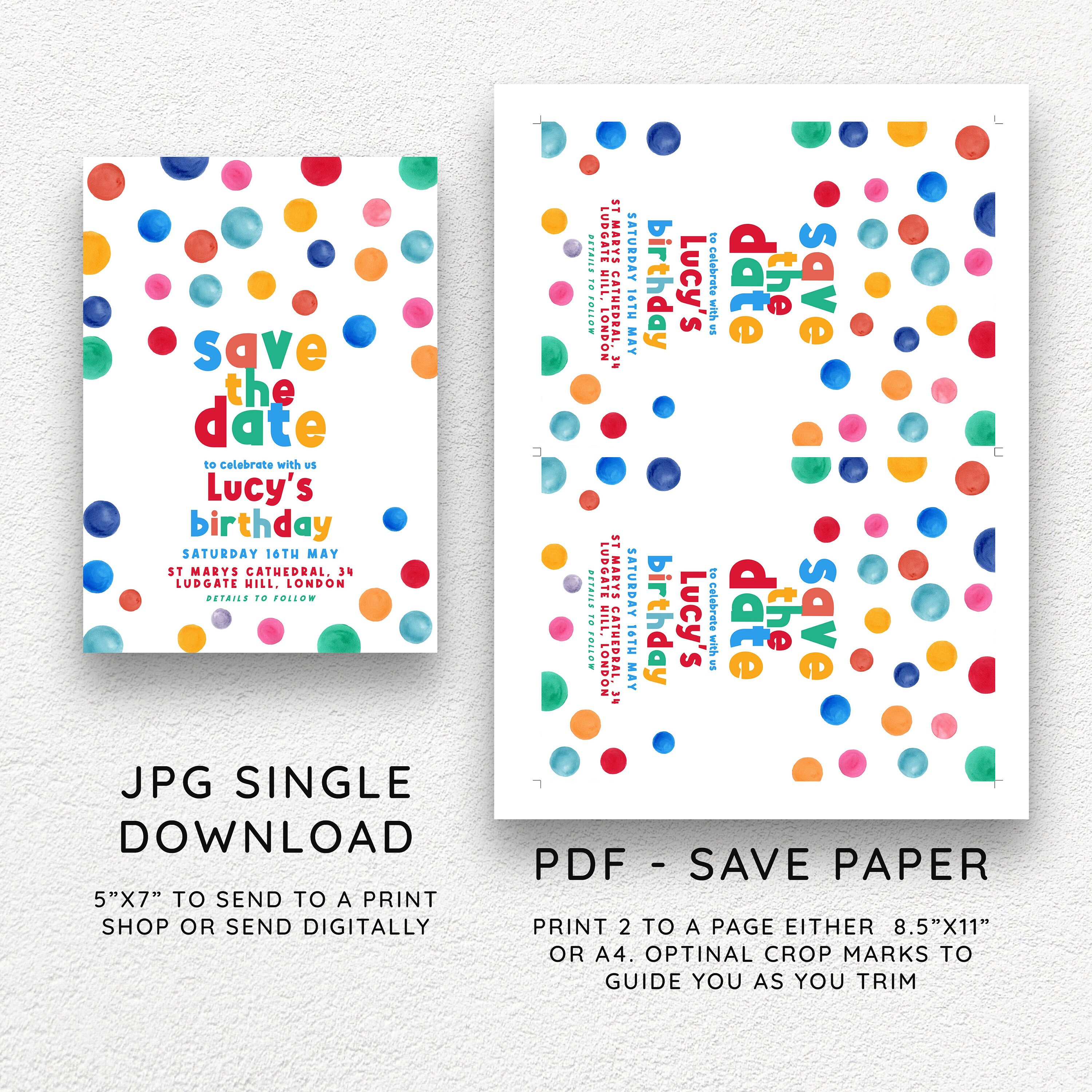 Dots Save the Date Birthday Invitation EDITABLE Multi Coloured Polka ...