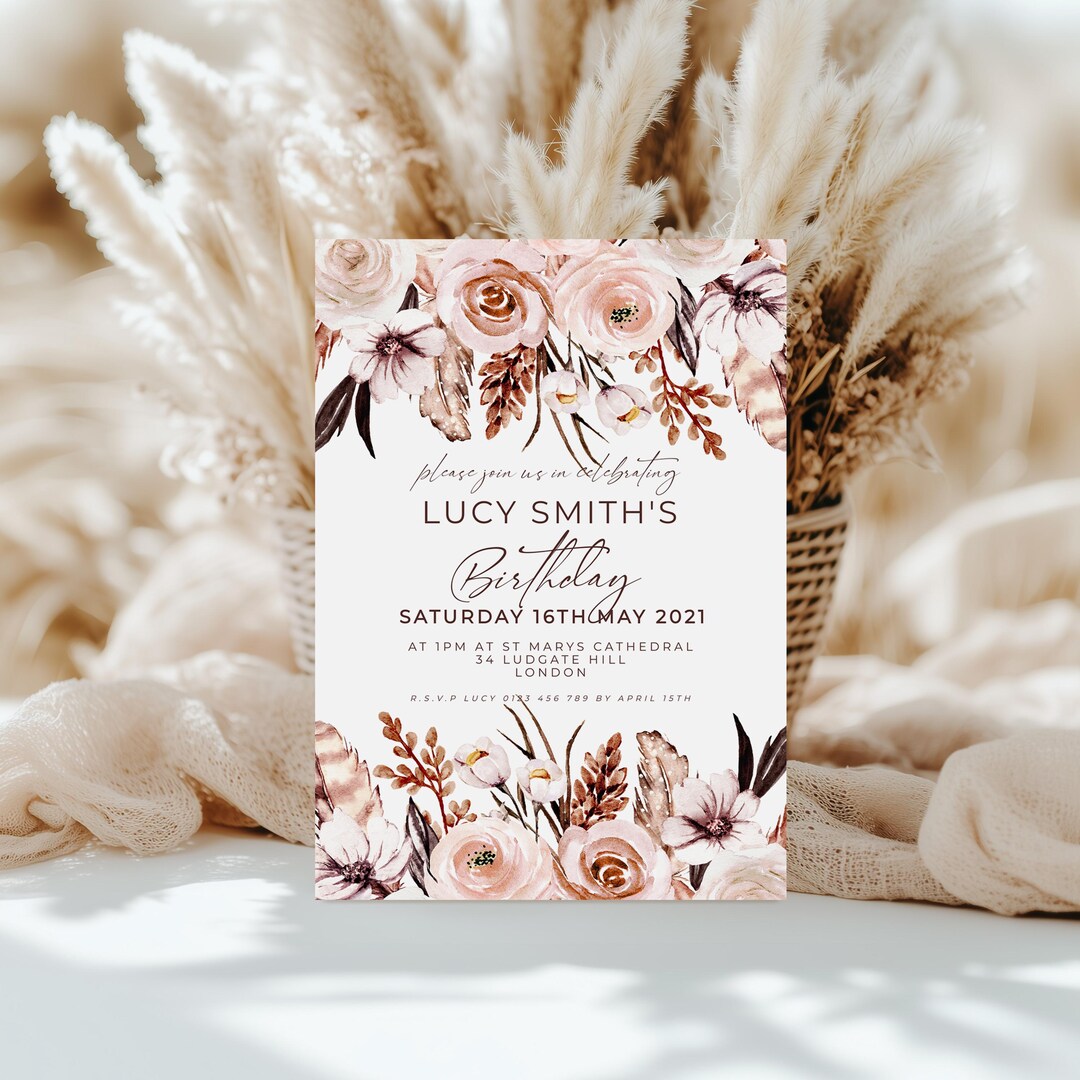Boho Birthday Invitation Template Brown Flowers Editable Invitation ...