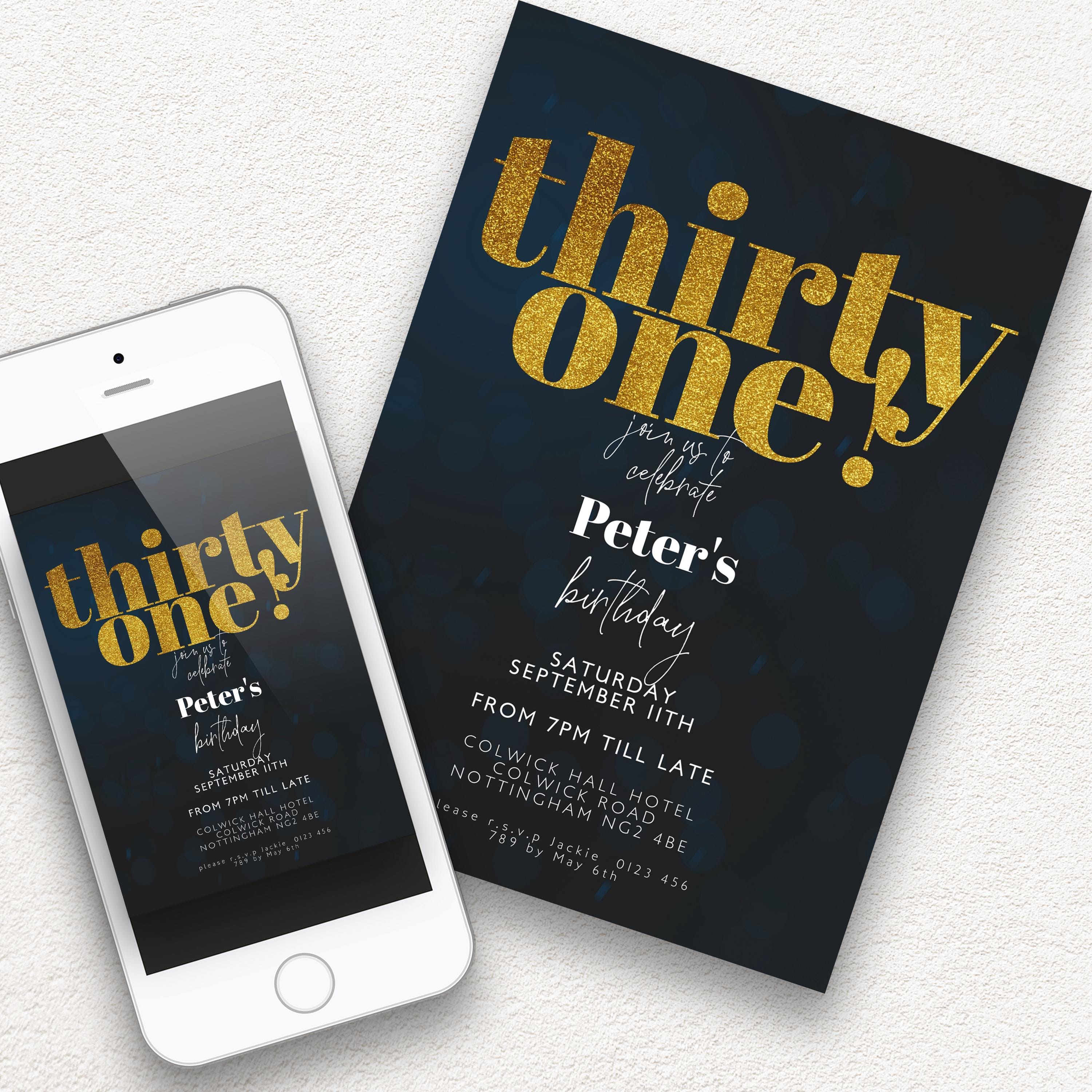Editable 31st Birthday Invitation Thirty One Invite Black and Gold ...