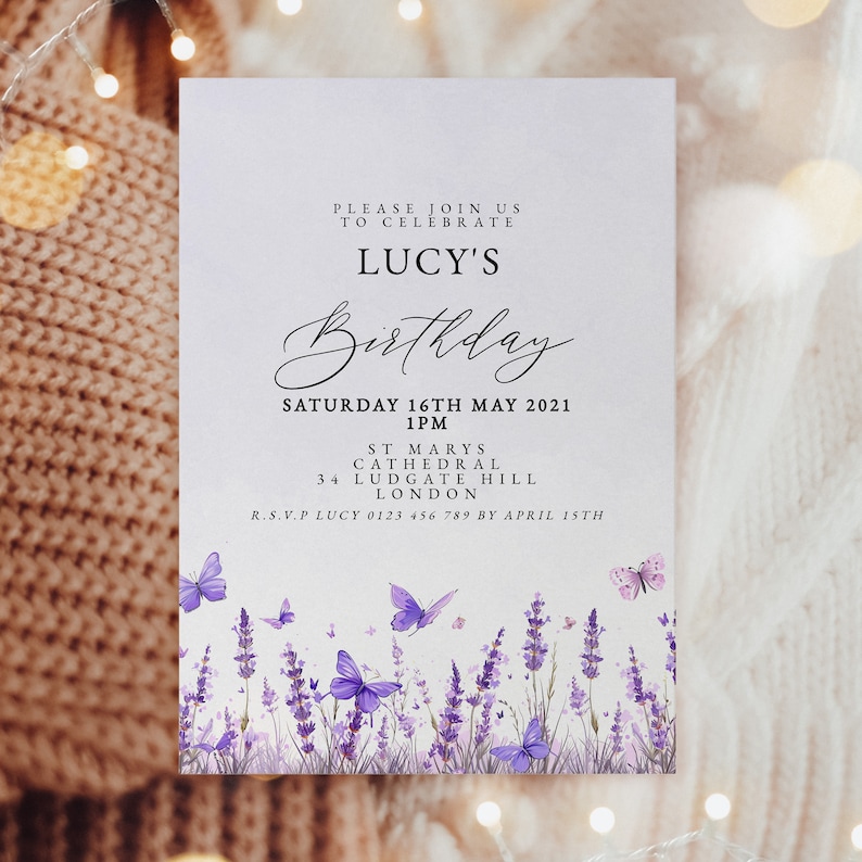 Butterflies and Lavender Birthday Invitation Editable Birthday Party ...