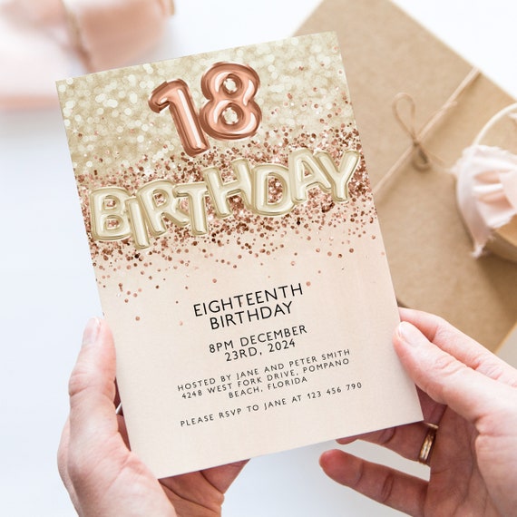 18th Birthday Invitation Editable Template Gold Balloon Invite For Her ...