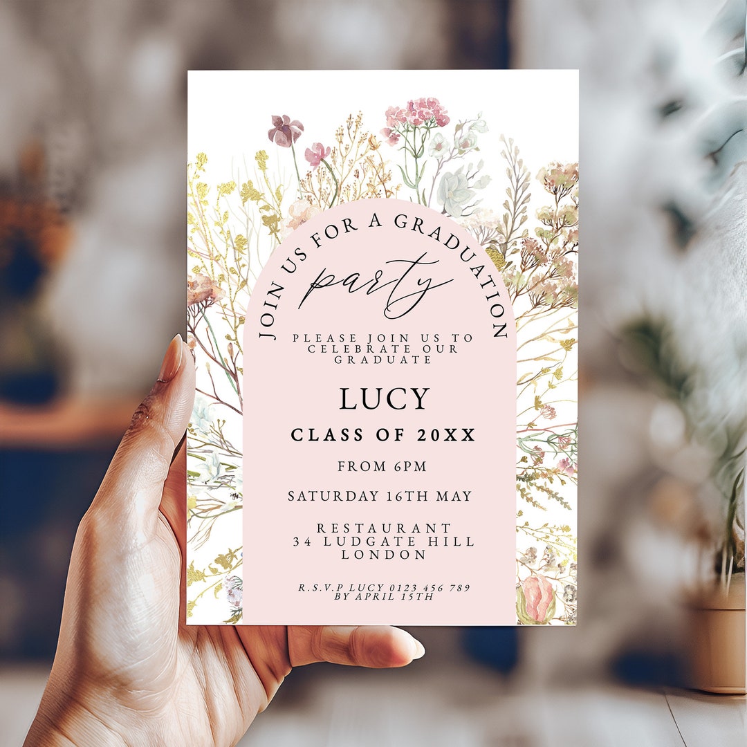 Pink Graduation Party Invitation Template Editable, Wildflower ...