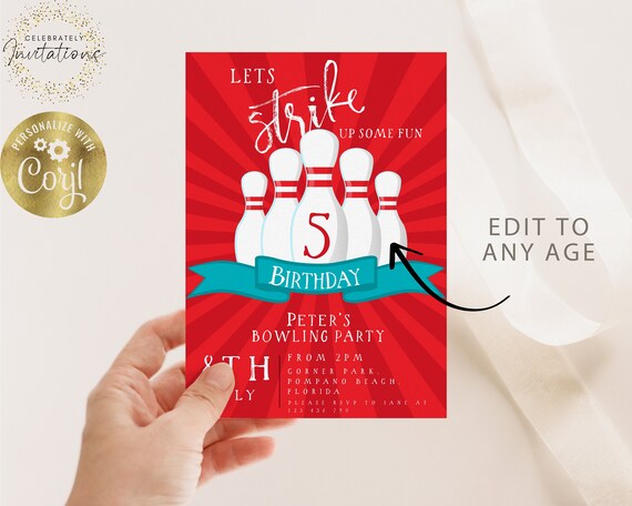Editable Bowling Birthday Invite Template Let's strike up some fun ...
