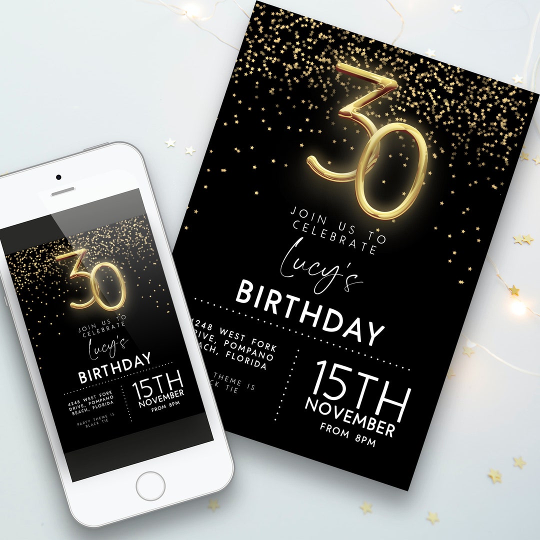 30th Birthday Invitation Black Gold Editable Template 30 Years Party ...