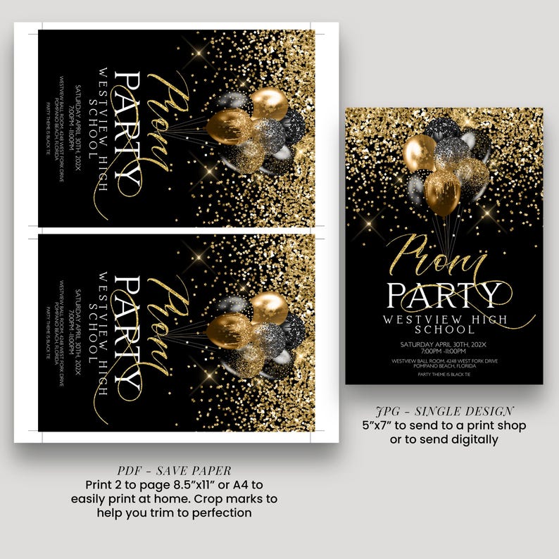 Editable Black and Gold Prom Invitation, Senior Prom Ticket and Party ...