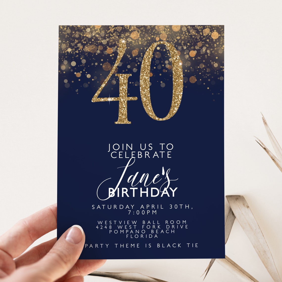 Editable 40th Birthday Invitation Template 40th Invite Navy Gold ...