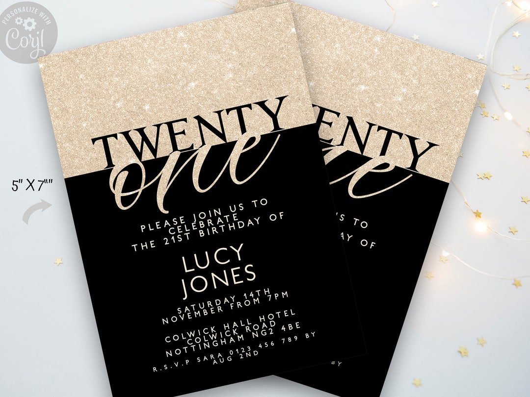 21st Birthday Invitation Editable Template Twenty One Invite Champagne ...
