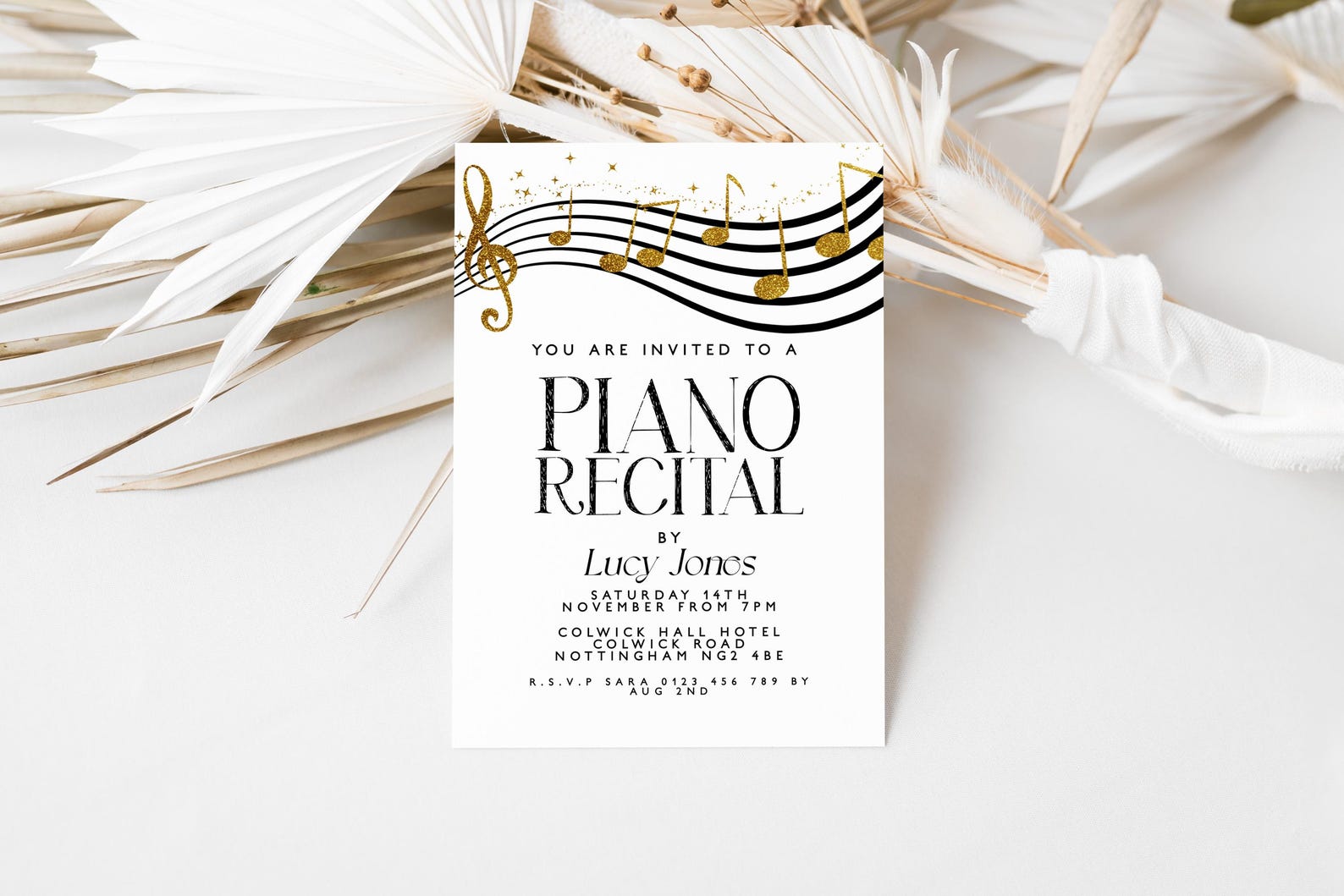 Piano Recital Invitation – Editable Gold & Black Musical Notes Digital ...