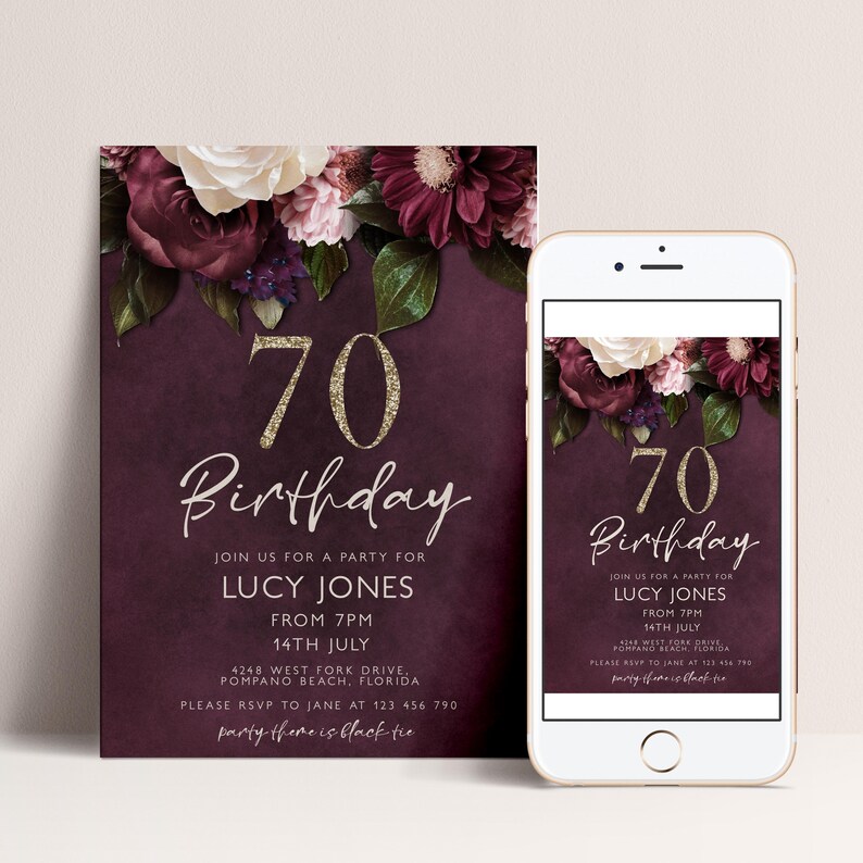Floral Party Invite 70th Birthday Invitation: Burgundy Gold Glitter ...