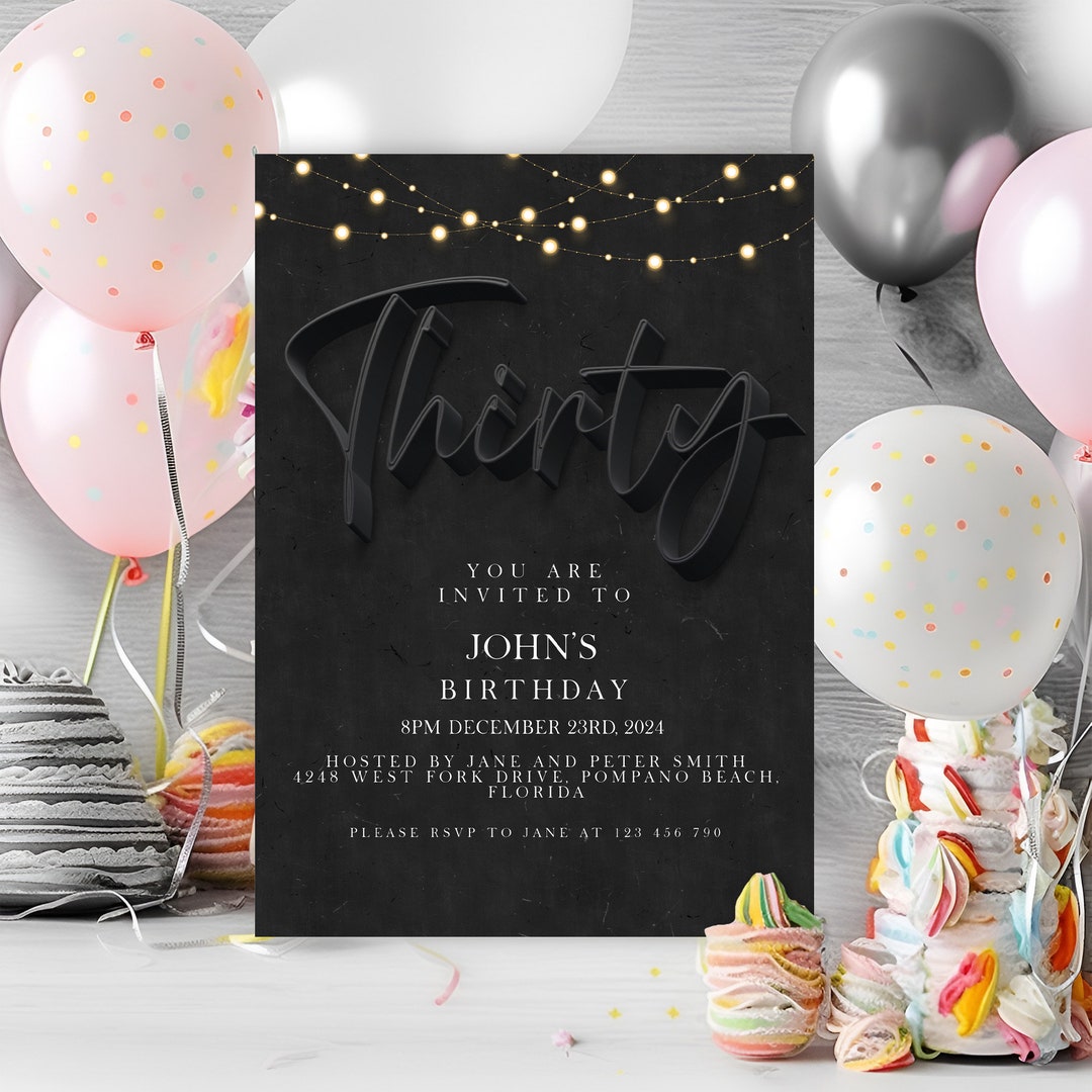 30th Birthday Invitation for Men, Editable Party Invite Template Black ...