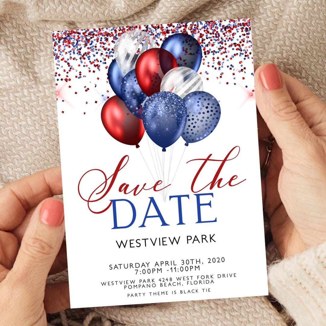 Patriotic Save the Date Invitation, Red White Blue Balloons, 4th of ...
