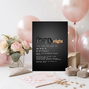 48th Birthday Invitation Editable Template: Black Gold Minimalist Style ...
