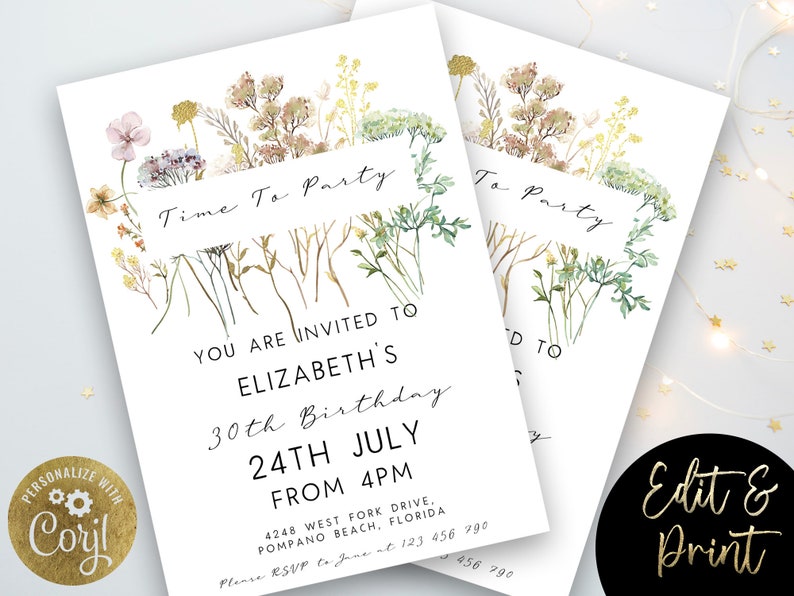 EDITABLE Wild Flowers Birthday Invitation Template Editable - Etsy
