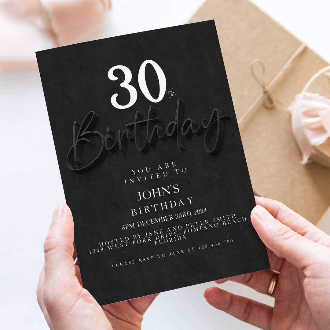 30th Birthday Invitation Editable 30th Invite Black Invitation Simple ...