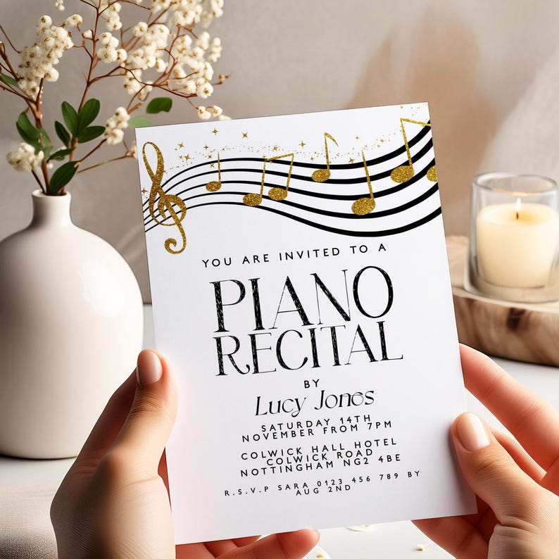 Piano Recital Invitation – Editable Gold & Black Musical Notes Digital ...