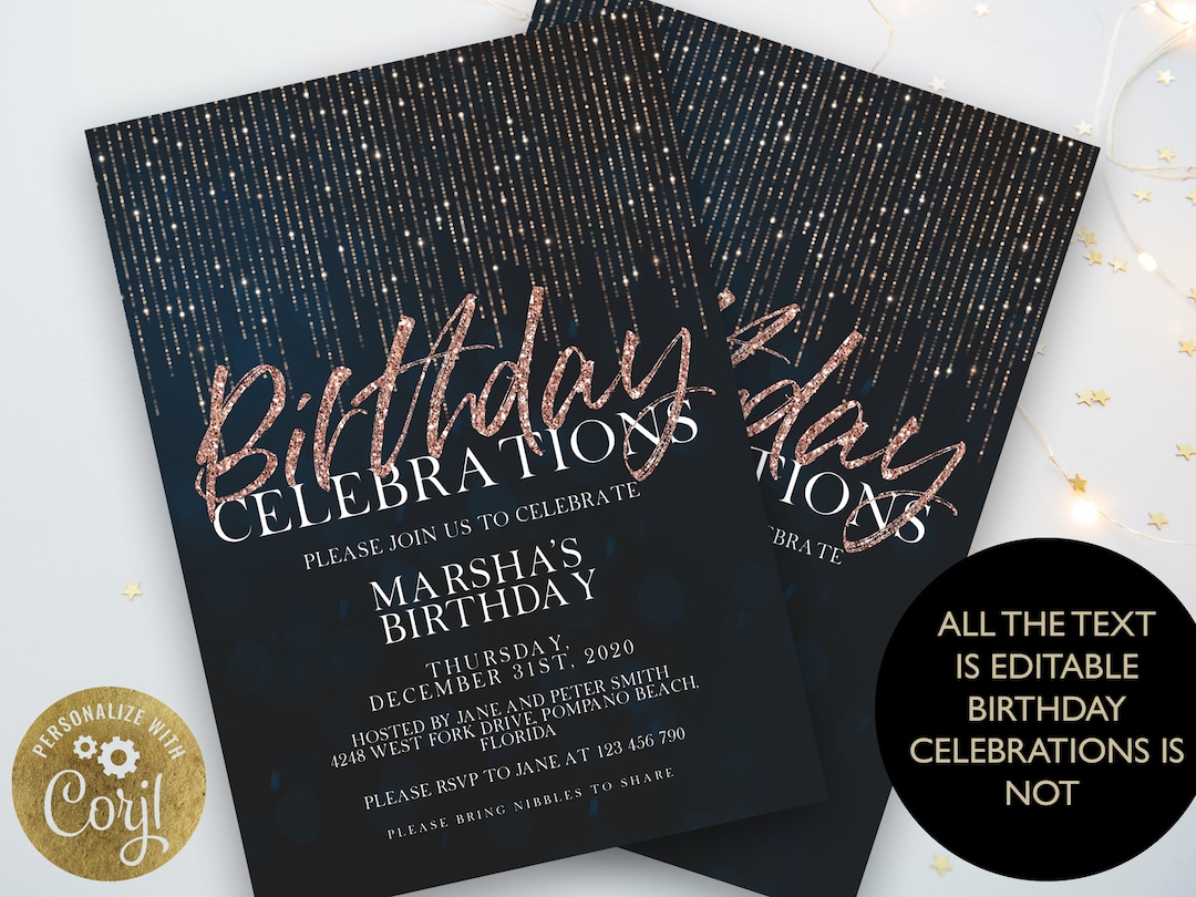 Rose Gold Birthday Invitation Glitter Party Invite Printable Instant ...