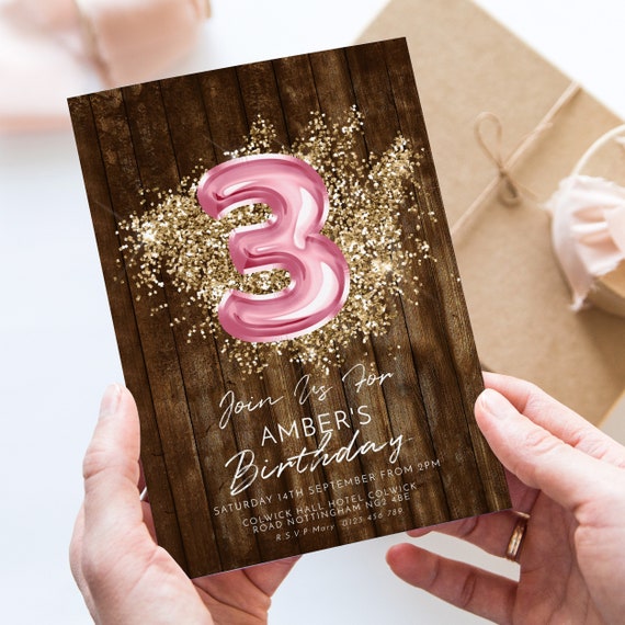3rd Birthday Party Invitation Template, Rustic Pink Balloon Gold ...