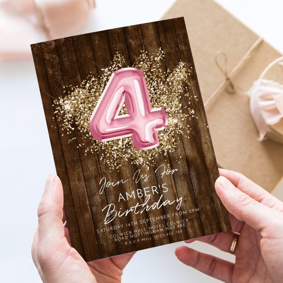 4th Birthday Party Invitation Template Rustic Pink Balloon | Etsy