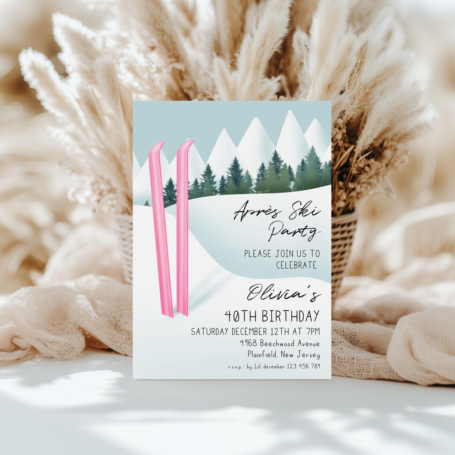 Après Ski Party Invitation – Editable Pink Ski 40th Birthday Invite ...