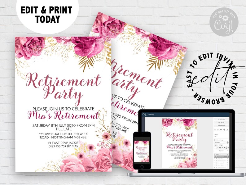 Retirement Invitation in Pink and Gold Flowers Editable | Etsy