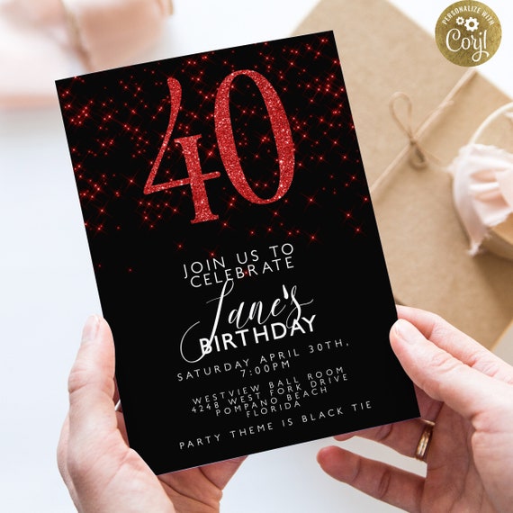 Red and Black Editable 40th Birthday Invitation Template 40th ...