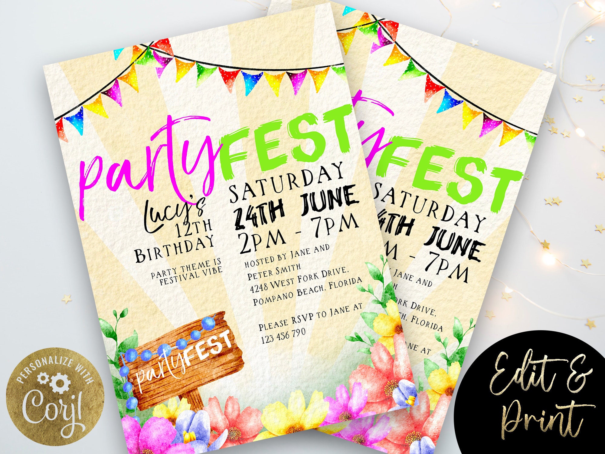 Partyfest Festival Theme Birthday Invitations Bunting Flags - Etsy