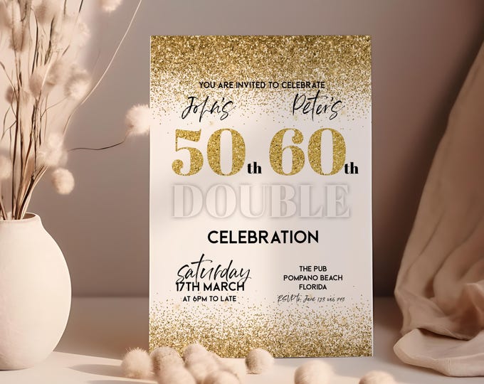 Editable Joint Double Birthday Party White Gold Glitter Balloons Glam ...