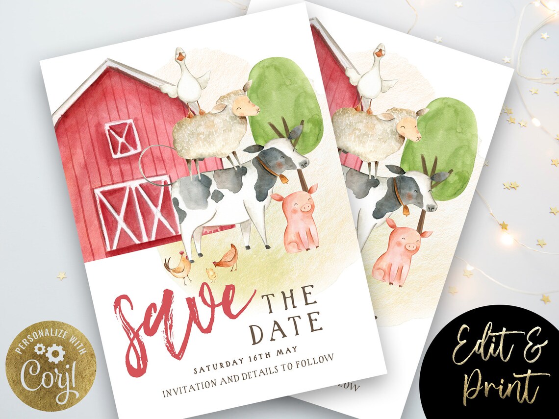 Farmyard Animals Save the Date Birthday Invitation EDITABLE Gender ...