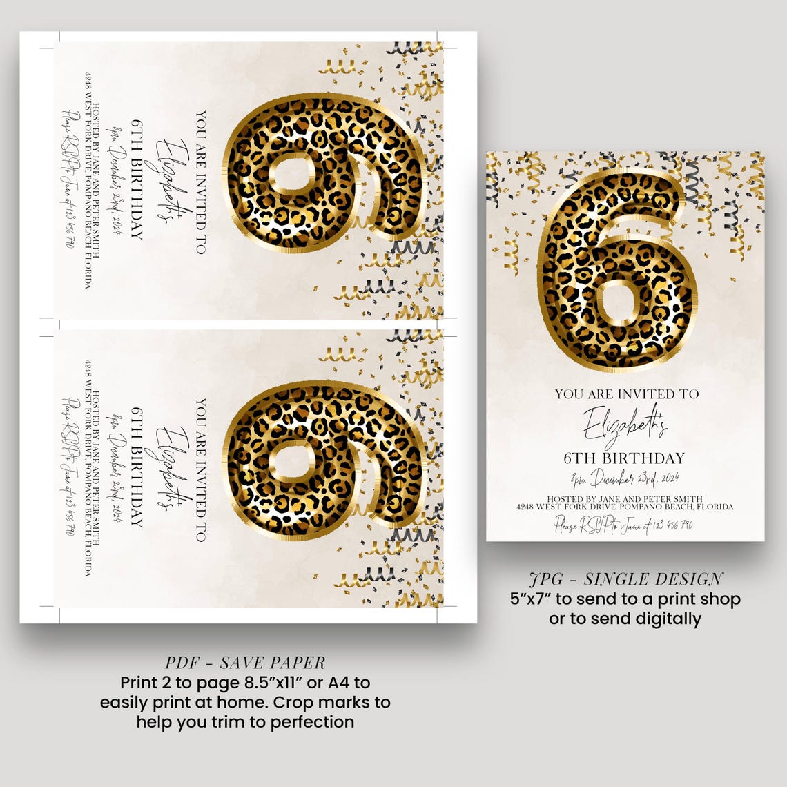 Leopard Print 6th Birthday Invitation for Girls – Glam Gold Animal ...