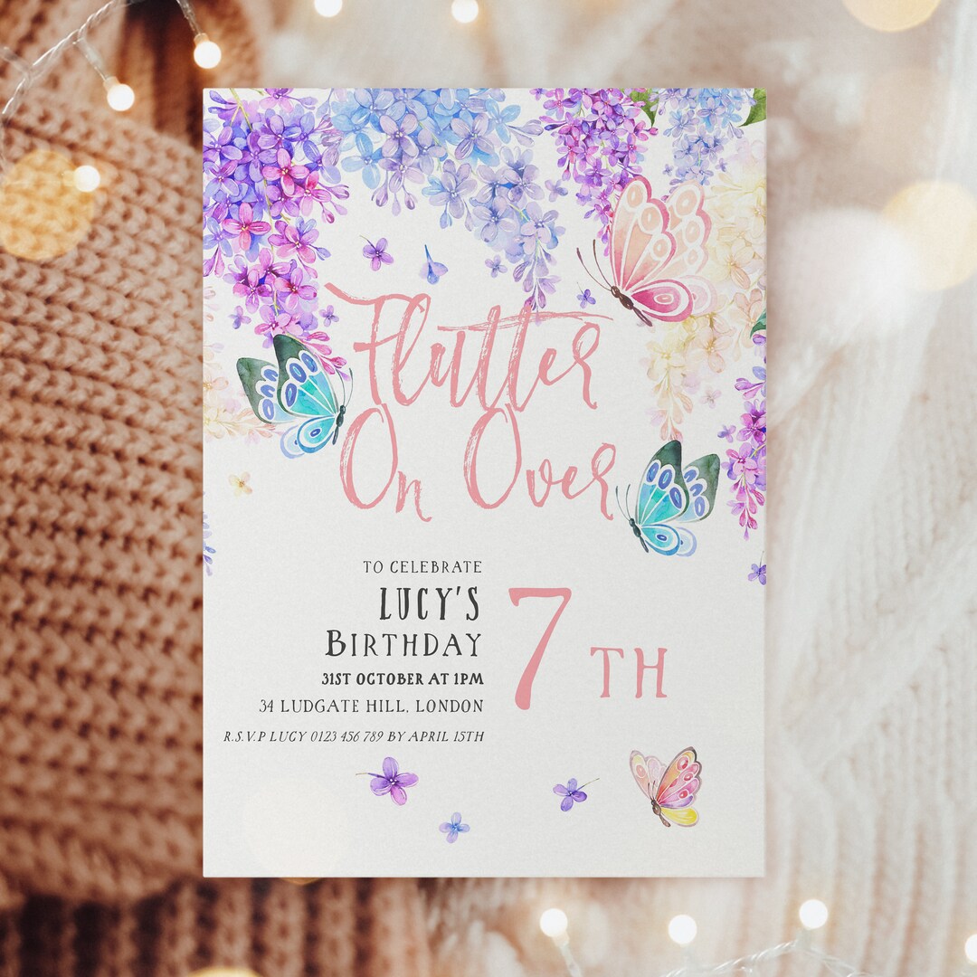 7th Birthday Invitation Editable Flutter on by Butterfly Party ...