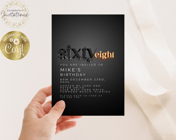 68th Birthday Invitation Editable 68th invite Black and Gold invitation ...