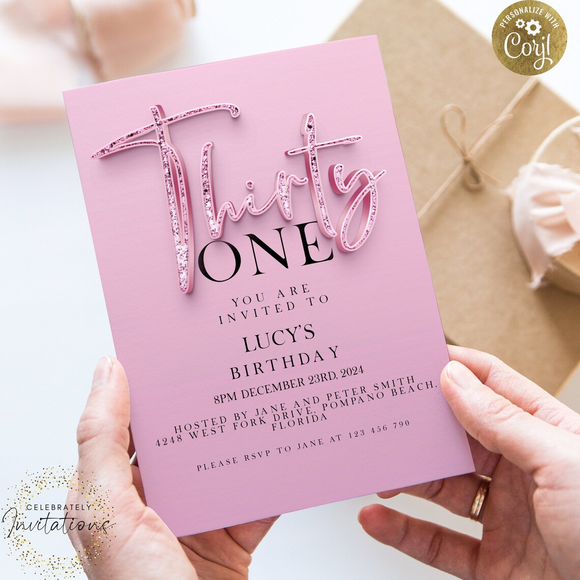 31st Birthday Invitation Template: Pink Sparkly Editable Invite, Simple ...