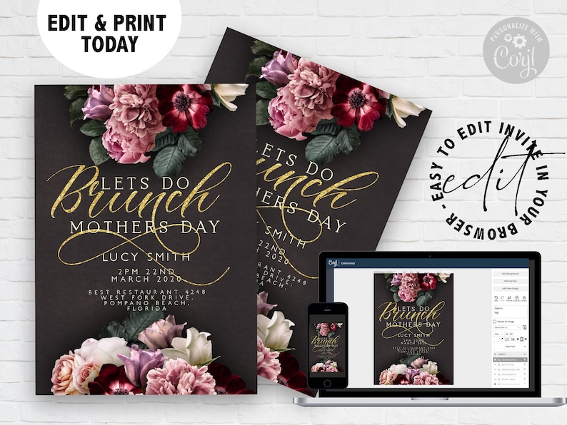 Mothers Day Brunch Invitation Lets Do Brunch Invite Flora and Gold Glitter Instant Download ...