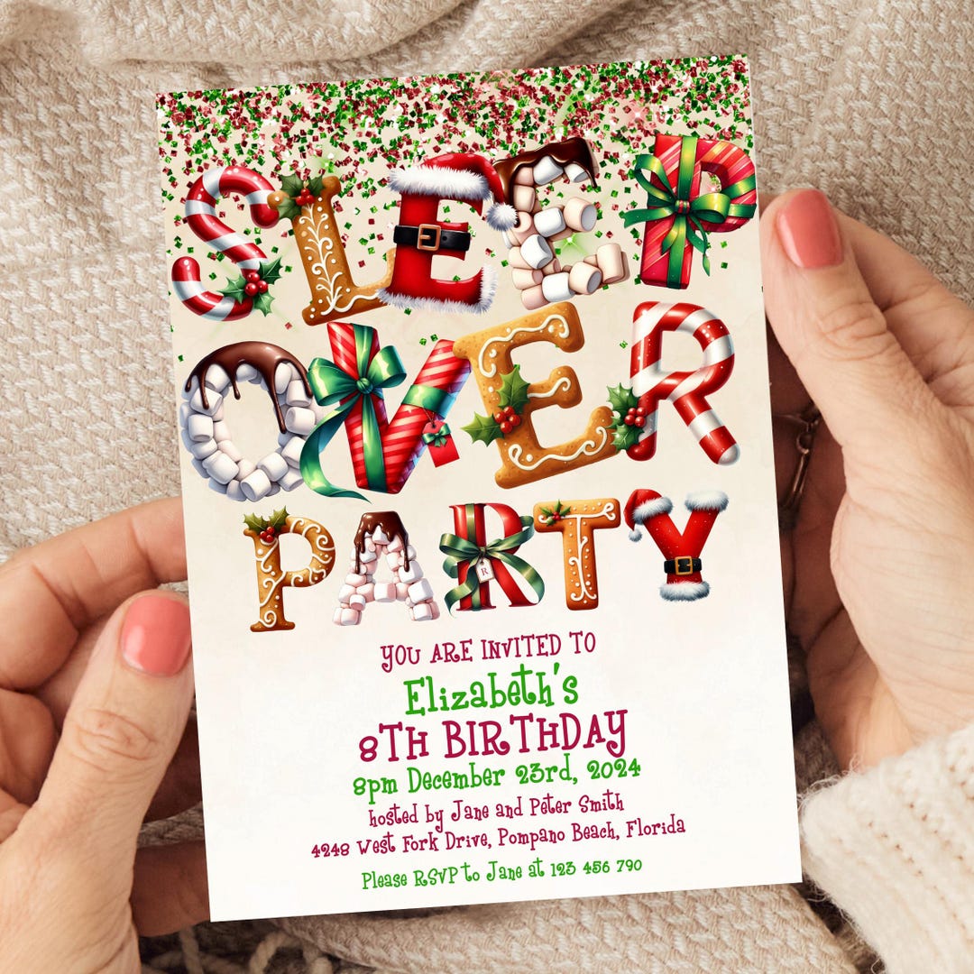 Editable Christmas Sleepover Invitation - Festive Holiday Birthday ...