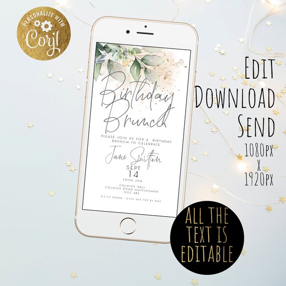Paperless Electronic Birthday Brunch Birthday Evite Greenery Gold ...