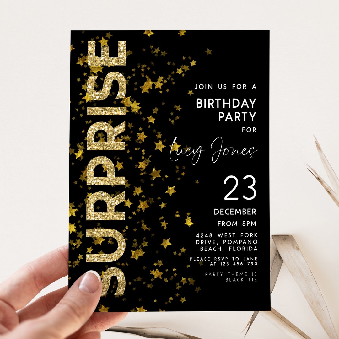 Surprise Invitation Template Gold Stars Adult Invite Printable Editable ...