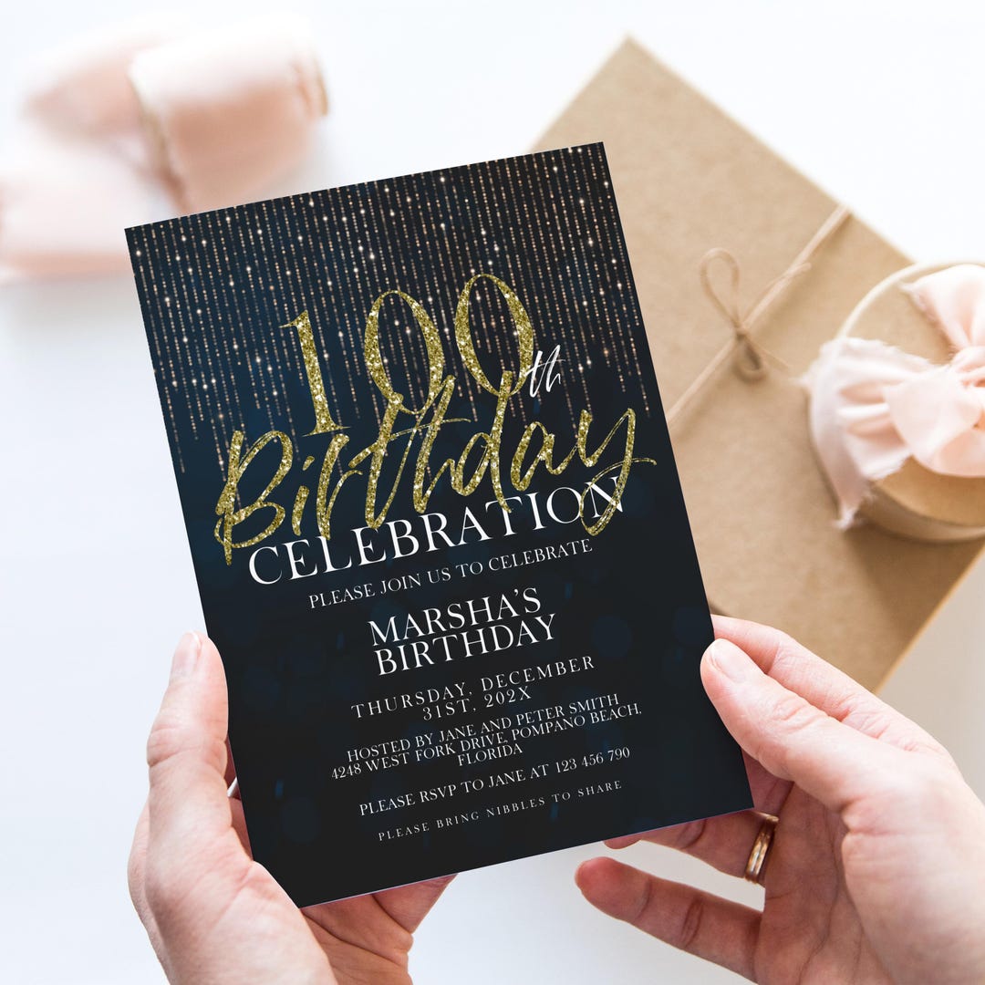 Editable 100th Birthday Invitation Editable 100th Invite Black Gold ...