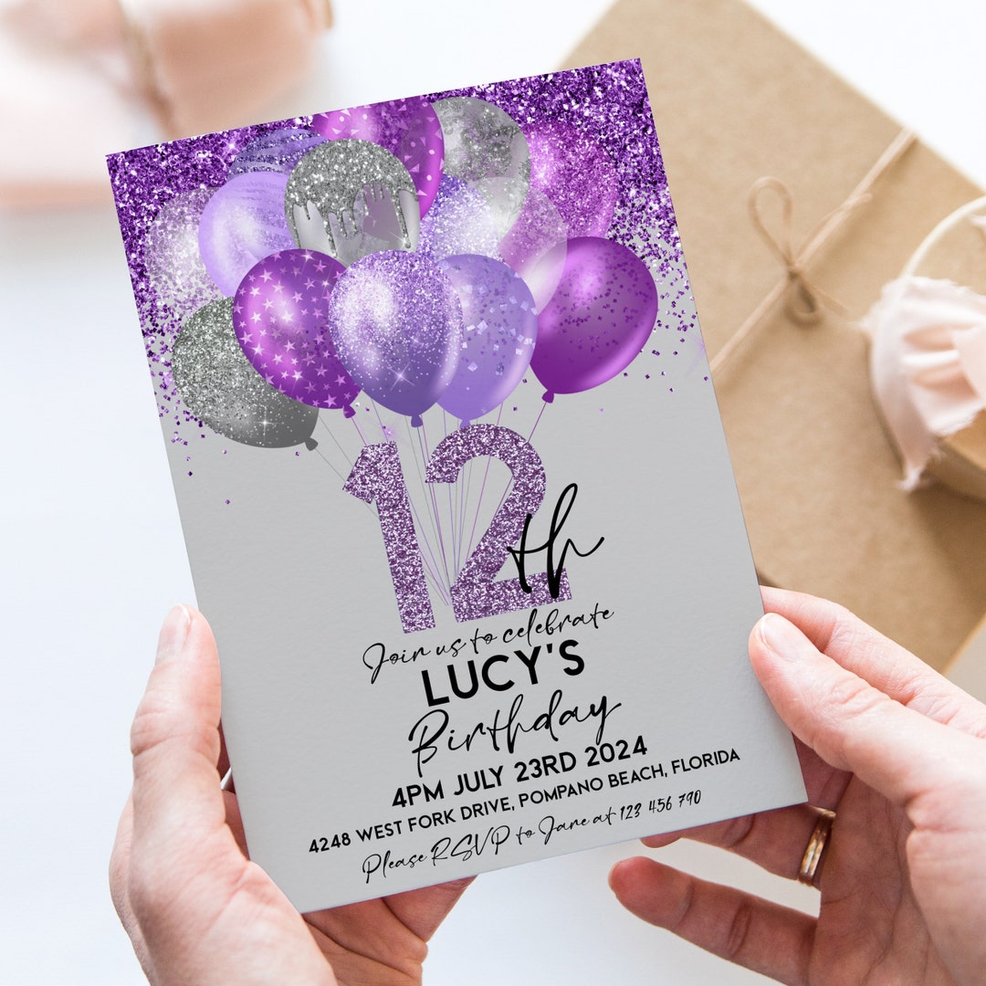 Purple Birthday Any Age Invitation Balloons Editable Printable Purple ...