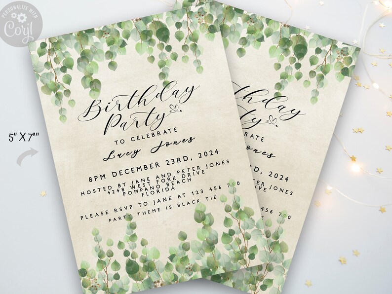 Editable Birthday Invitation Template Eucalyptus Greenery | Etsy