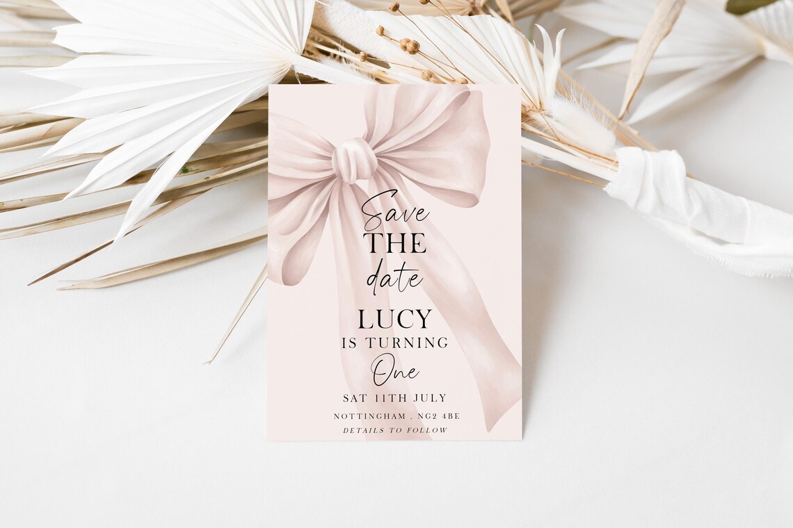 Pink Bow Save Date Invitation - Editable Baby Girl 1st Birthday Card ...