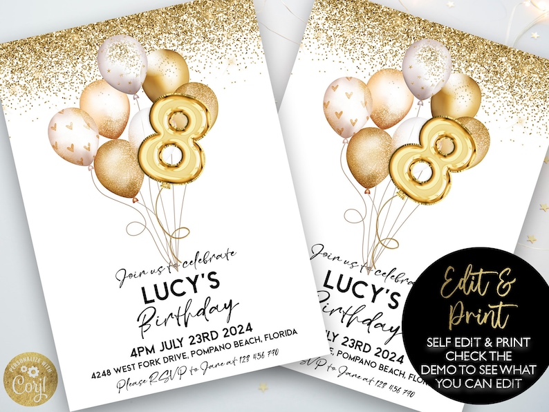 Gold 8th Birthday Invitation Balloon Editable Printable Invite - Etsy