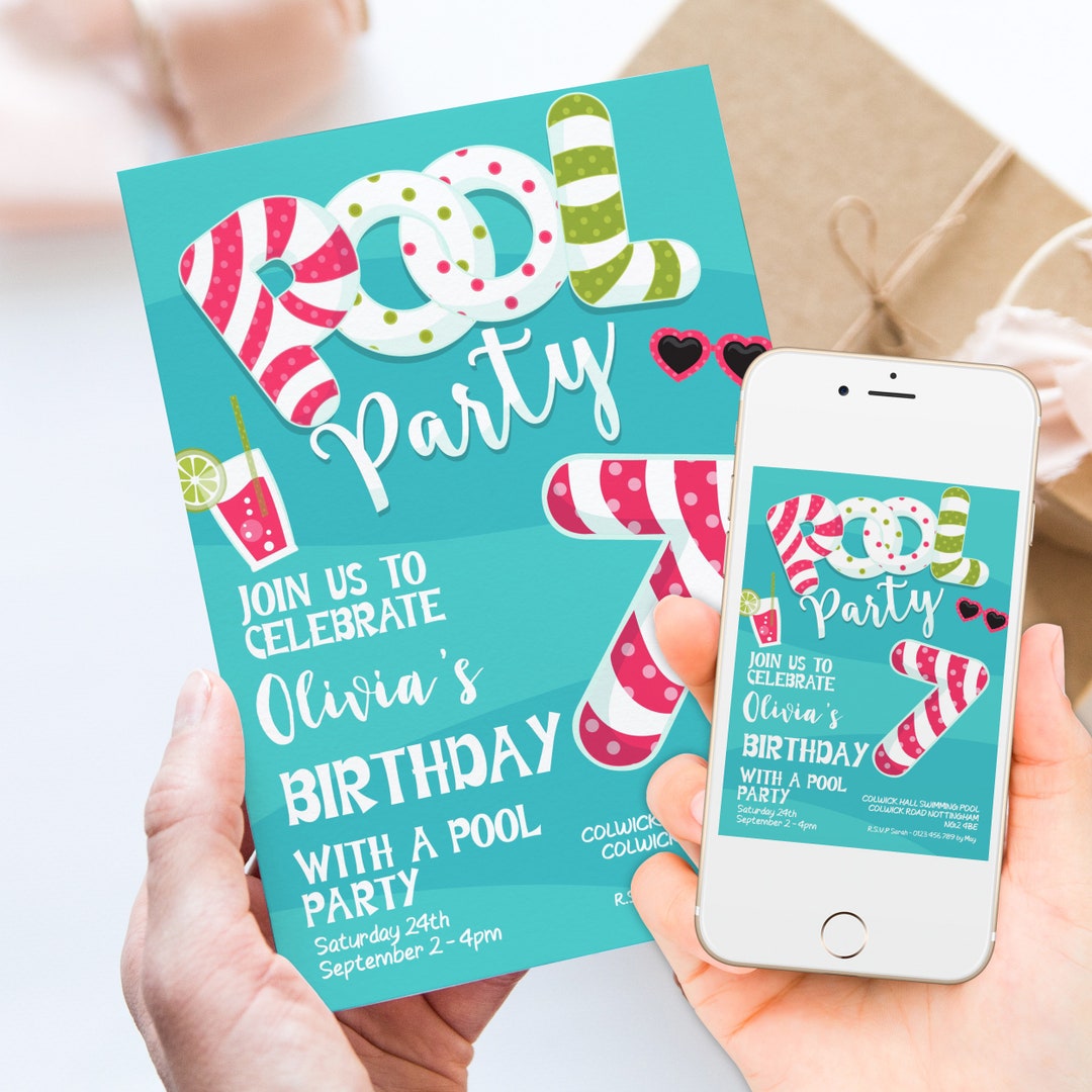 7th Birthday Editable Swimming Party Invitation for Girls, Pool Party ...