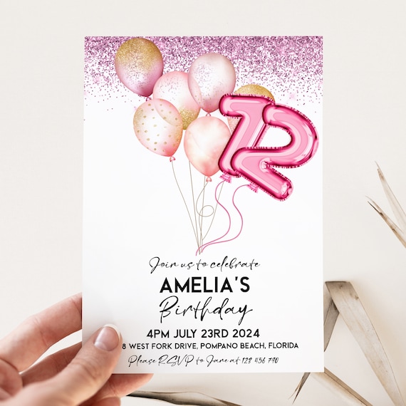12th Birthday Invitation Balloon Editable Printable Invite Pink Gold ...