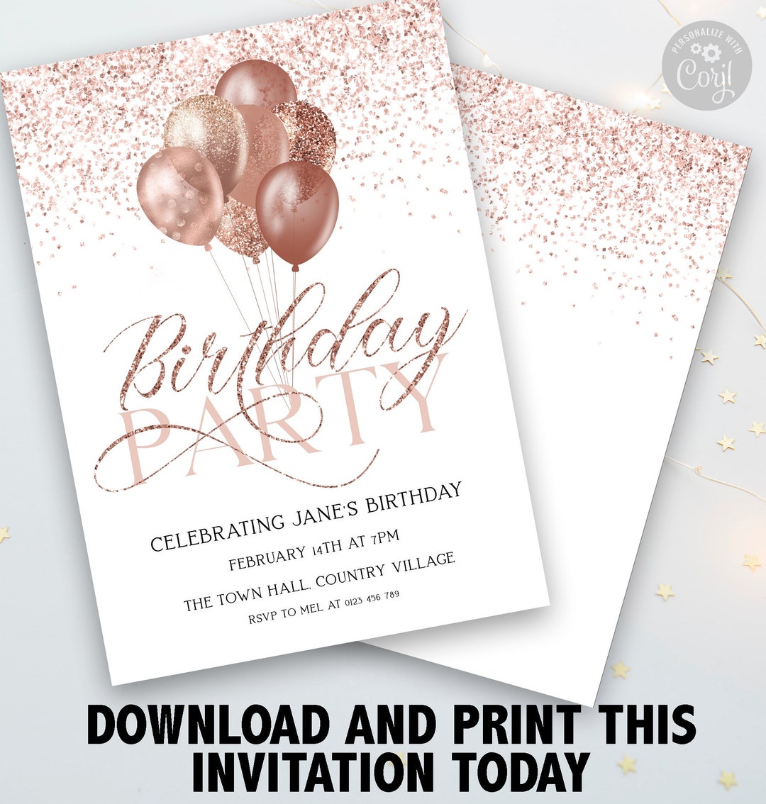 Birthday Invitation Download Rose Gold Balloons Glitter Party Invite ...