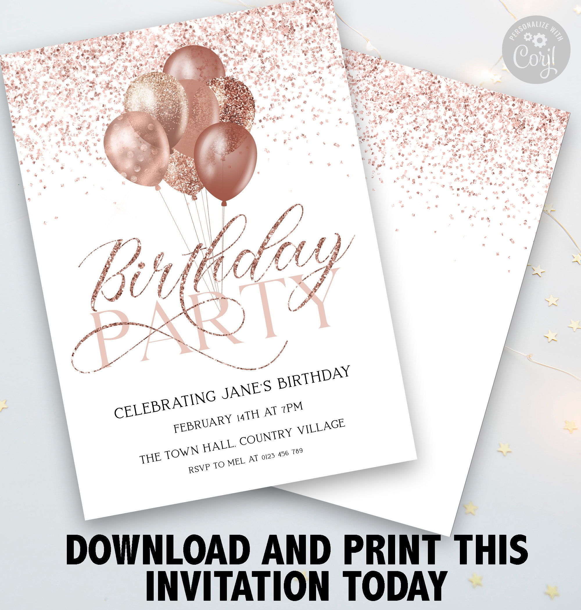 Birthday Invitation Download Rose Gold Balloons Glitter Party Invite ...