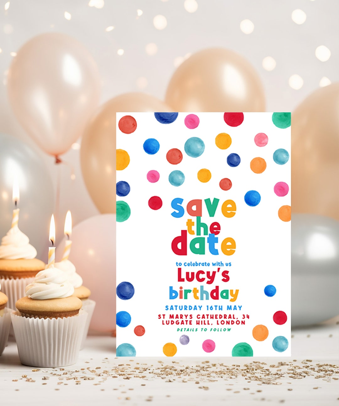 Dots Save the Date Birthday Invitation EDITABLE Multi Coloured Polka ...